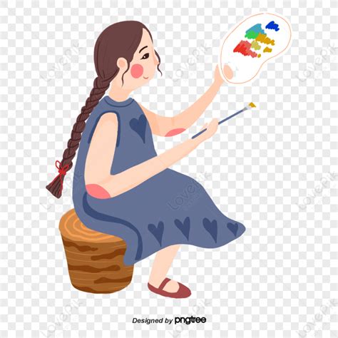팔레트를 들고 그루터기에 앉아있는 여자 일러스트화가그리기 Png 일러스트 무료 다운로드 Lovepik