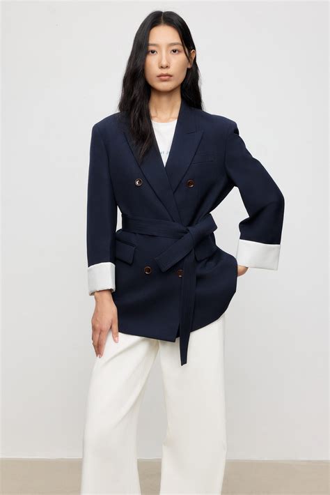 Belted Double Breasted Structured Wool Blazer With Turn Up Cuffs