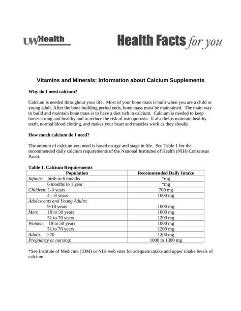 Pdf Information For Calcium Supplements Uw Health · Forms Of Calcium Are Calcium Carbonate