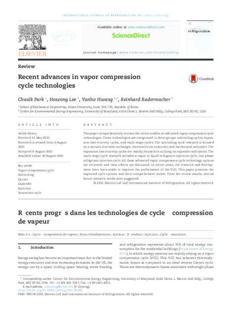 Pdf Recent Advances In Vapor Compression Cycle Technologies