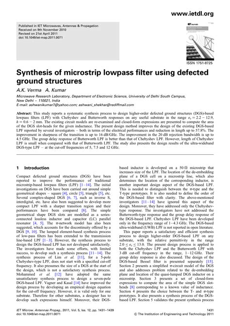 Pdf Synthesis Of Microstrip Lowpass Filter Using Defected Ground Structures