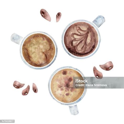 카푸치노 도자기로 양식화된 커피 컵과 폼 아트가 있는 수채화 손으로 그린 구성 평면도 흰색 배경에 격리 초대장 카페 레스토랑 음식 메뉴 인쇄 웹 사이트 카드 Robusta