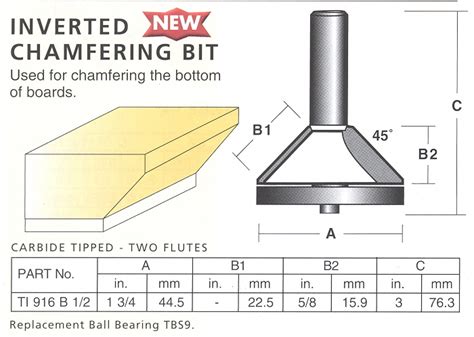 Chamfer Inverted Bit Router Edge Forming Inverted Chamfer Dual Flute TCT 45 Deg 1 2