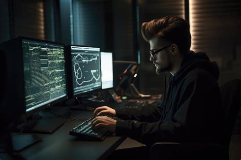 Premium Ai Image Programmer Working At Their Computer Surrounded By Monitors Displaying Code