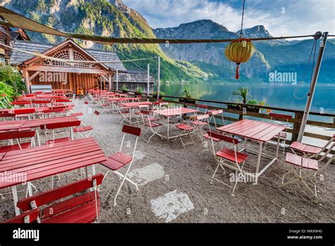 Beautiful Sunrise Over A Lake In Hallstatt Restaurant Alps Austria