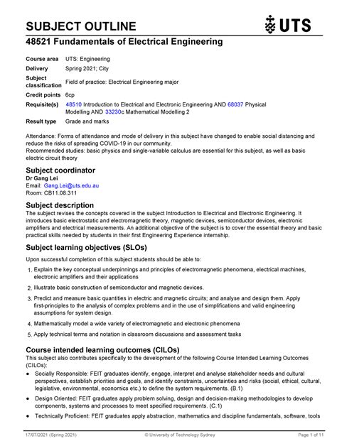 Foee Subject Outline Subject Outline 48521 Fundamentals Of Electrical Engineering Attendance