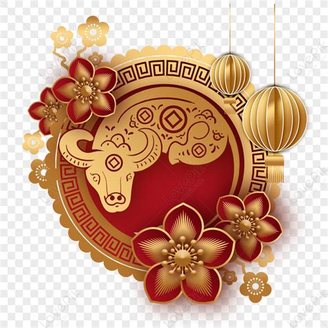 화려한 황금 질감 황소 일러스트 년 꽃과 등불 장식 패턴인사 일보증인 Png 일러스트 무료 다운로드 Lovepik