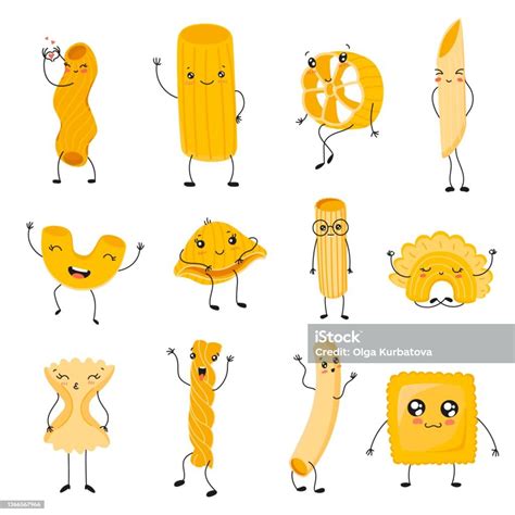 파스타 문자 귀여운 얼굴 손과 발 만화 스파게티 리가티와 페투치네 행복한 이탈리아 요리 재료 드라이 제품 벡터 만화 플랫 리단드 세트와 재미 국수 파스타에 대한 스톡 벡터