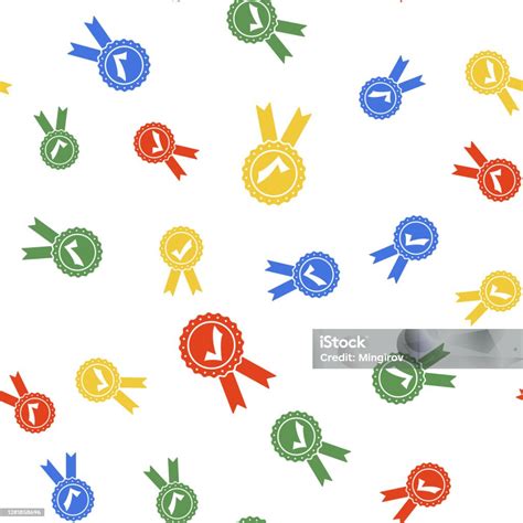 리본으로 색상 승인 또는 인증 메달과 흰색 배경에 절연 된 매끄러운 패턴을 확인 표시 아이콘 벡터 1위에 대한 스톡 벡터 아트 및 기타 이미지 Istock