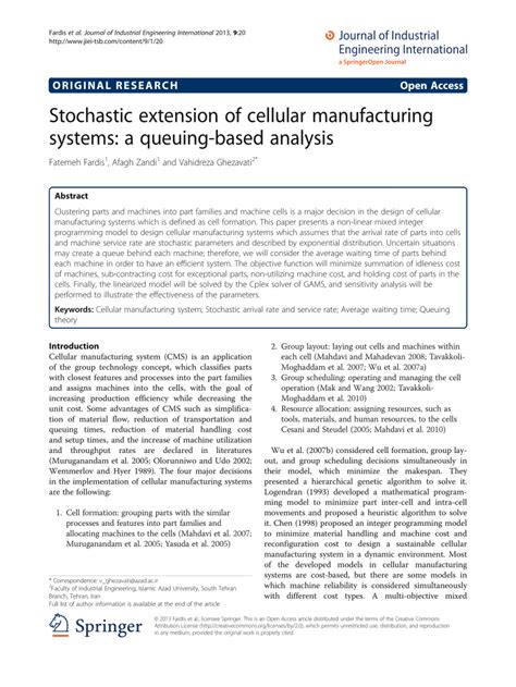 Pdf Stochastic Extension Of Cellular Manufacturing Systems A Queuing Based Analysis