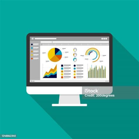 컴퓨터 화면 아이콘의 웹 통계 분석 차트입니다 평면 벡터 인포그래픽 동향 그래프 정보 보고서 개념 기획 및 회계 분석 감사 관리 마케팅 일러스트 0명에 대한 스톡 벡터 아트