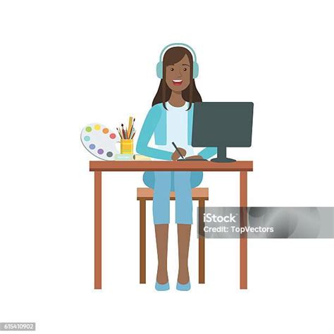 컴퓨터 장치와 일러스트레이터 그리기 창조적 인 사람 일러스트 기술에 대한 스톡 벡터 아트 및 기타 이미지 기술 단순함