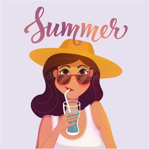 Summer Girl Drinking A Cocktail Cartoon Vector Illustration Stock