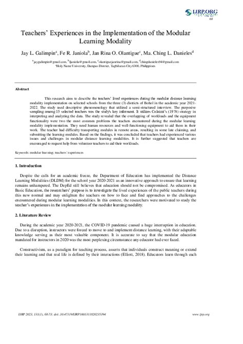 Pdf Teachers Experiences In The Implementation Of The Modular Learning Modality