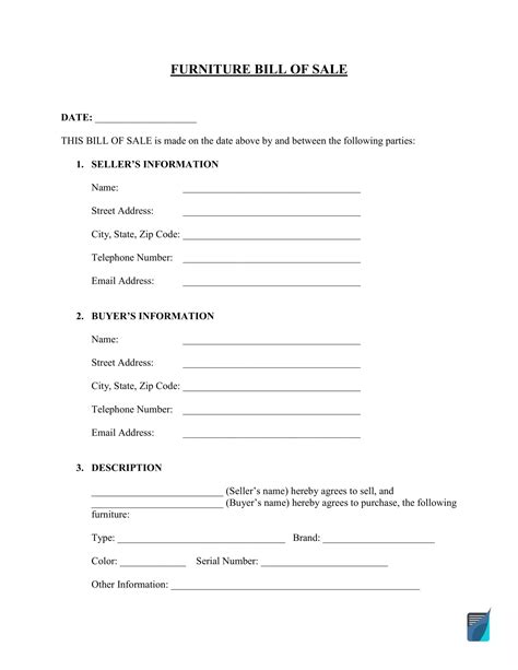 Free Furniture Bill Of Sale Form Template Formspal
