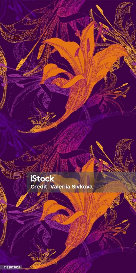 아름 다운 윤곽 밝은 화려한 꽃 무늬 백합 꽃 깊은 보라색 배경에 그려진 식물 원활한 벡터 텍스처 손 패션 프린트 배경 질감 래퍼 패턴 결혼식용 0명에 대한 스톡 벡터 아트