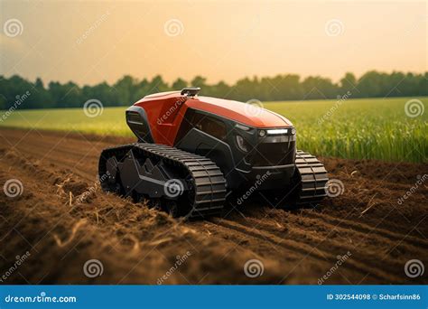 Autonomous Tractor Working On The Field Smart Farming Stock