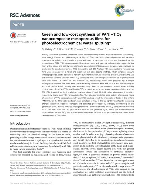 Pdf Green And Low Cost Synthesis Of Pani Tio2 Nanocomposite Mesoporous Films For