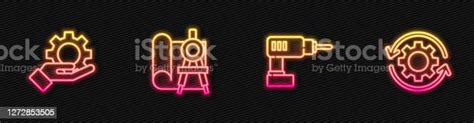 세트 라인 전기 드릴 기계 손 설정 그래프 용지 나침반 및 기어 화살표 워크플로우 빛나는 네온 아이콘 벡터 작업 장비에 대한 스톡 벡터 아트 및 기타 이미지 Istock