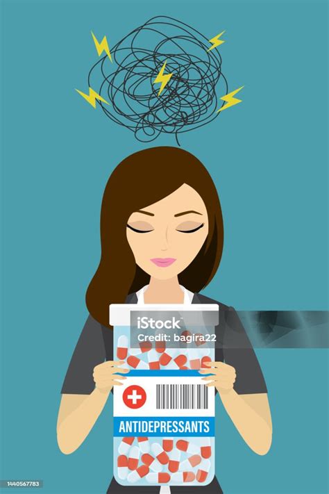 항우울제 치료 항아리에 약물 소녀는 알약이 든 병을 들고 있습니다 스트레스와 우울증에 대한 의학적 치료 심리학 건강 관리 정신적 문제가 있는 불행한 여자 약에 대한 스톡