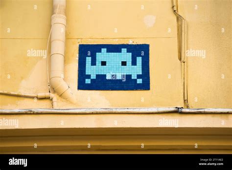 Wall Mosaic Of A Space Invader Character From The Famous Video Game Space Invaders Probably