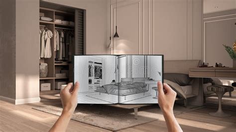 Hands Holding Notepad With Classic Bedroom Design Blueprint Sketch Or