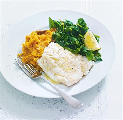Cod With Garlic Sweet Potato Mash And Lemon Spinach Recipe Delicious Magazine