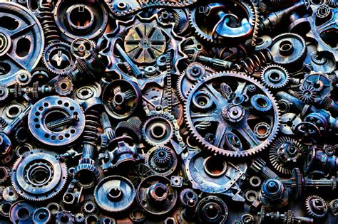 Steampunk 질감 기계 부품 장치 바퀴 Backgroung 스팀 펑크 기어 기어 자동차 부품 오래 된 녹슨 철 체인 스프링 바퀴 힙 가까이 강철에 대한 스톡 사진 및