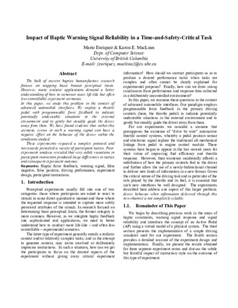 Pdf Impact Of Haptic Warning Signal Reliability In A Time And Safety