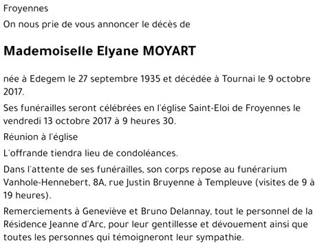 Avis De Décès De Elyane Moyart Décédé Le 09 10 2017 à Tournai Annonce Condoléances Fleurs