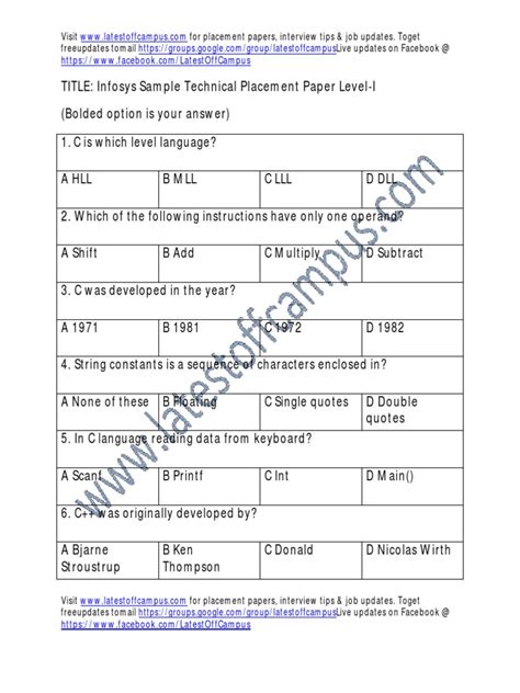 Pdf Infosys Sample Technical Placement Paper Dokumentips