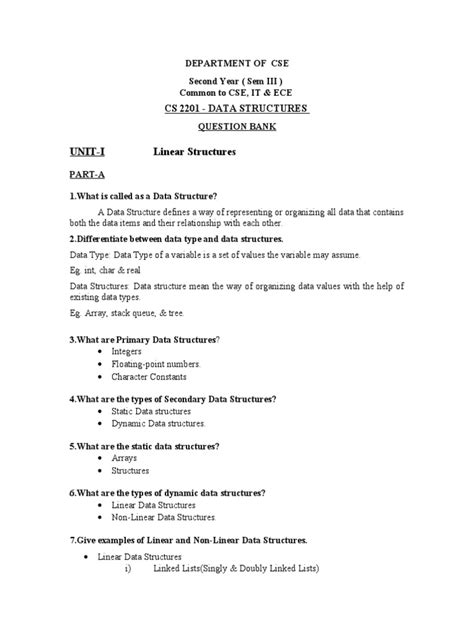 Cs 2201 Data Structures Question Bank Pdf Graph Theory Queue Abstract Data Type