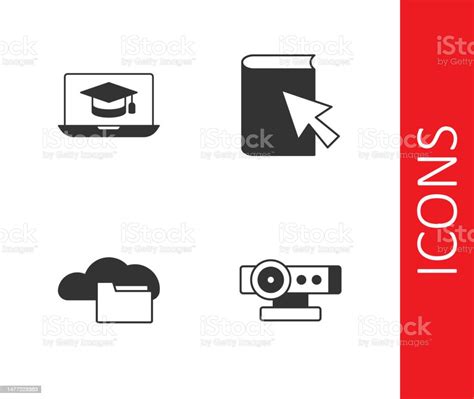 웹 카메라 노트북의 졸업 한도 클라우드 또는 온라인 도서관 및 온라인 책 아이콘을 설정합니다 벡터 Brand Name