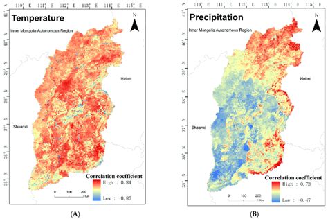correlation coefficient between npp and annual precipitation a and