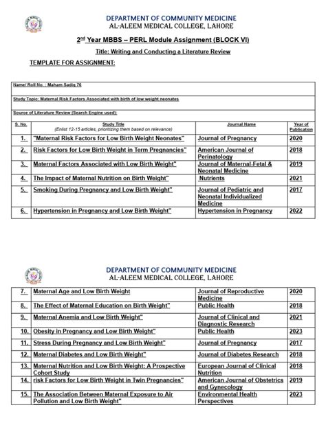Lit Review Perl Assignment 2nd Year 2 Pdf Low Birth Weight