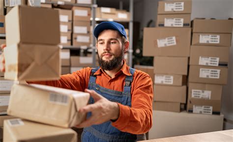 창고 작업자는 큰 창고 공장에서 상자를 가져가고 물류 서비스를 통해 선적을 배달하고 운송에 전달하기 전에 바코드를 확인합니다 20 24세에 대한 스톡 사진 및 기타 이미지