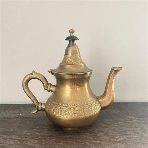 Vintage Mini Solid Brass India Design Footed Teapot Floral Etched