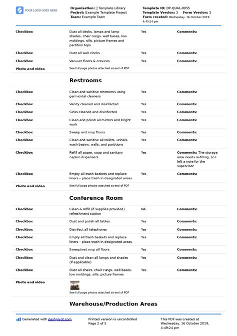 Commercial Cleaning Checklist Template Free And Printable