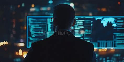 Businessman Analyzing Data On Digital Screens In Modern Office At Night Stock Illustration