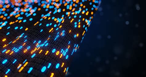 플레어 추상 파란색과 주황색 디지털 이진 코드 매트릭스 배경 미래 지향적인 빅 데이터 정보 기술 데이터 센터 블록 체인 인터넷 고속 3d 렌더링 0명에 대한 스톡 사진 및