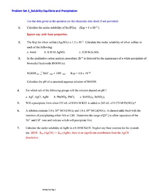 Problem Set 5 Notes Chem261 Problem Set 5solubility Equilibria And Precipitation Problem