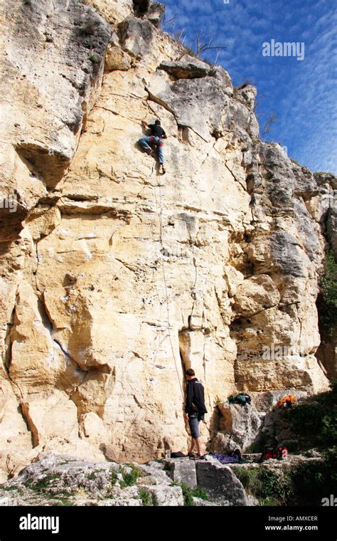 Rock Climbing On The Cliff Face Which The La Forezza Di Civitella Del