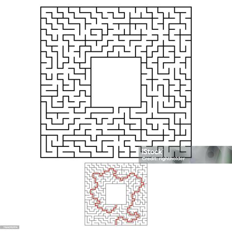 입구와 출구가있는 검은 정사각형 미로 아이들을위한 흥미롭고 유용한 게임 흰색 배경에 격리 된 간단한 평면 벡터 그림입니다 당신의 도면을위한 장소와 함께 대답과 함께 0명에