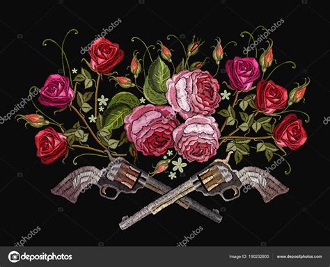 Embroidery The Crossed Guns And Roses Symbol Of Romanticism Stock