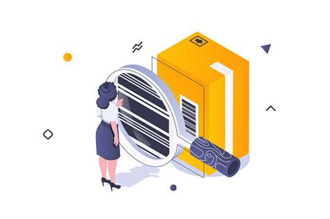 3d 아이소메트릭 디자인의 운송 물류 개념 여자는 배송할 상자를 준비하고 바코드를 검색하고 택배를 주문합니다 웹 그래픽을 위한 아이소메트릭 인물 장면이 있는 벡터 그림 3