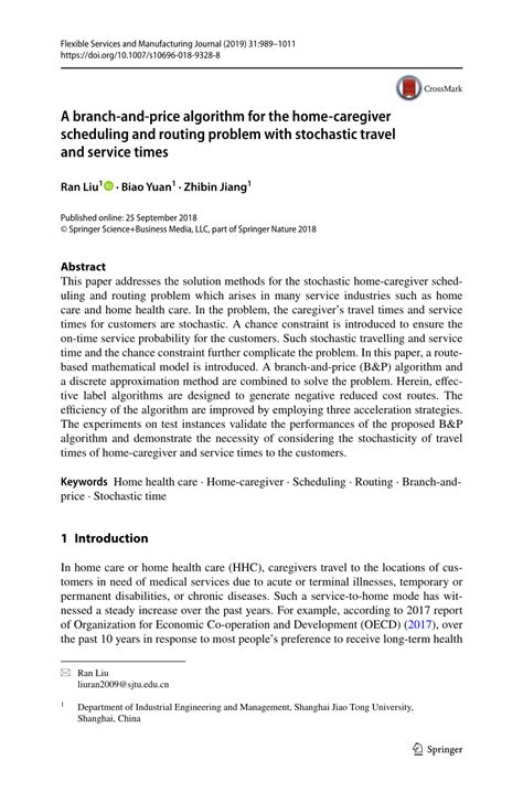 Pdf A Branch And Price Algorithm For The Home Health Care Scheduling