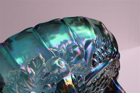 Vintage Blue Iridescent Carnival Glass Indiana Fruit Garland Footed Oval Bowl
