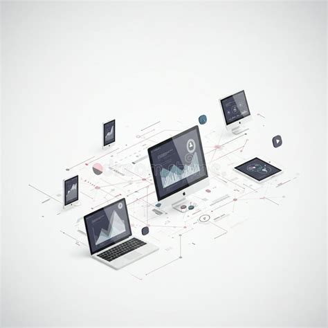 A Digital Illustration Depicting A Network Of Electronic Devices Including A Desktop Stock