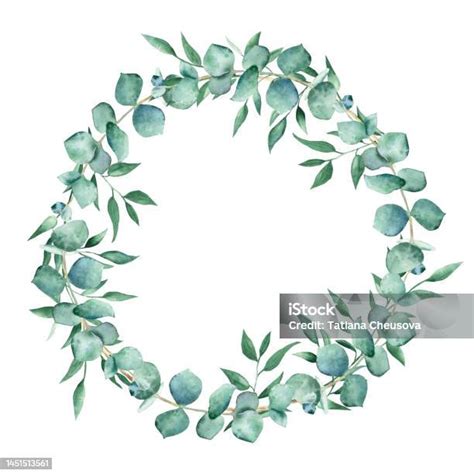 흰색 배경에 격리된 수채화 원형 프레임 유칼립투스와 피스타치오 가지 손으로 그린 식물 그림입니다 문구류 청첩장 날짜 저장 인사말