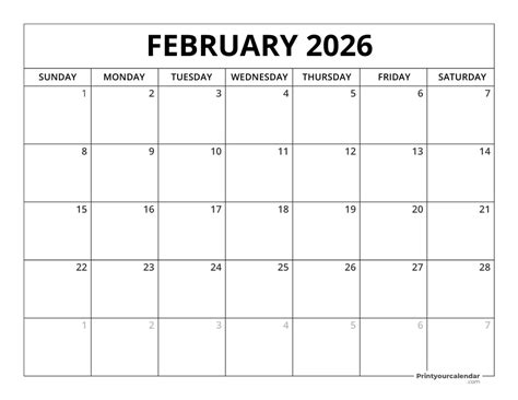 February 2026 Monthly Calendar Printable